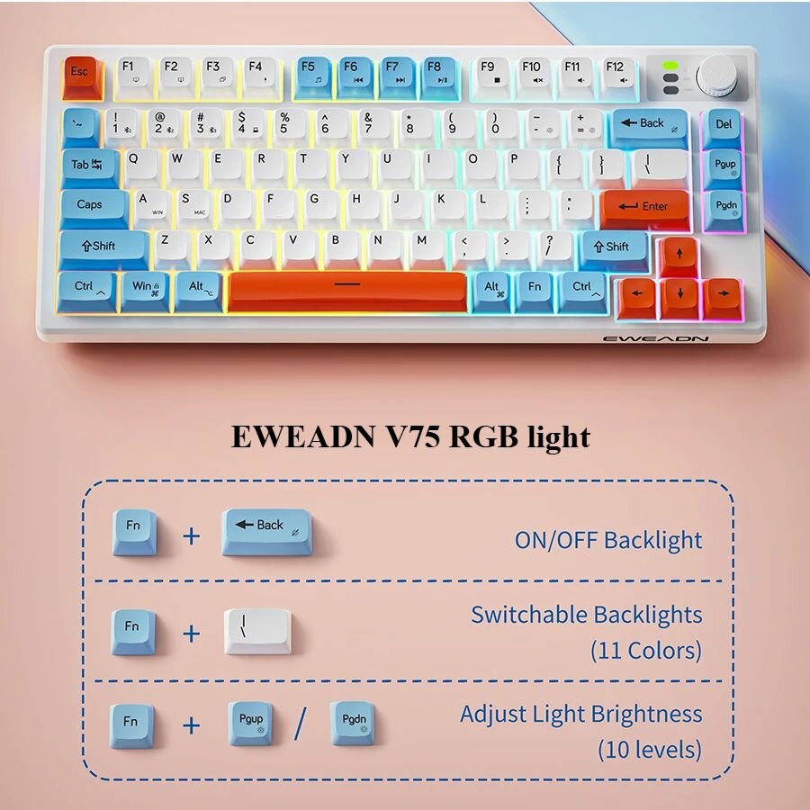 EWEADN V75 Беспроводная клавиатура, 75%-ная компактная перезаряжаемая беспроводная клавиатура, RGB-подсветка, Bluetooth 2.4G Mini Cute Creamy Keyboard