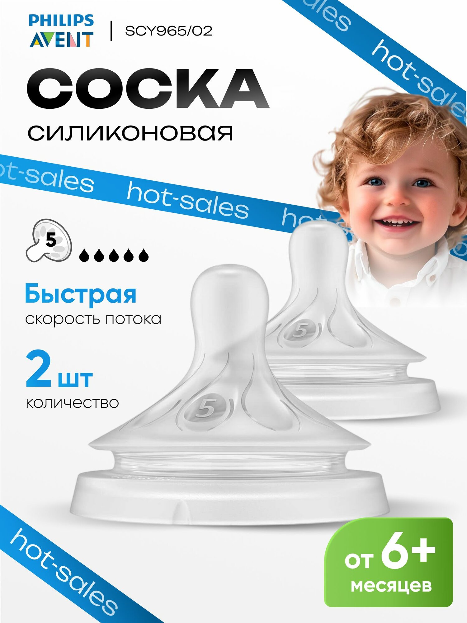 Соска силиконовая для бутылочек Philips Avent Natural Response SCY965/02 с очень быстрым потоком, 2 шт для новорожденных