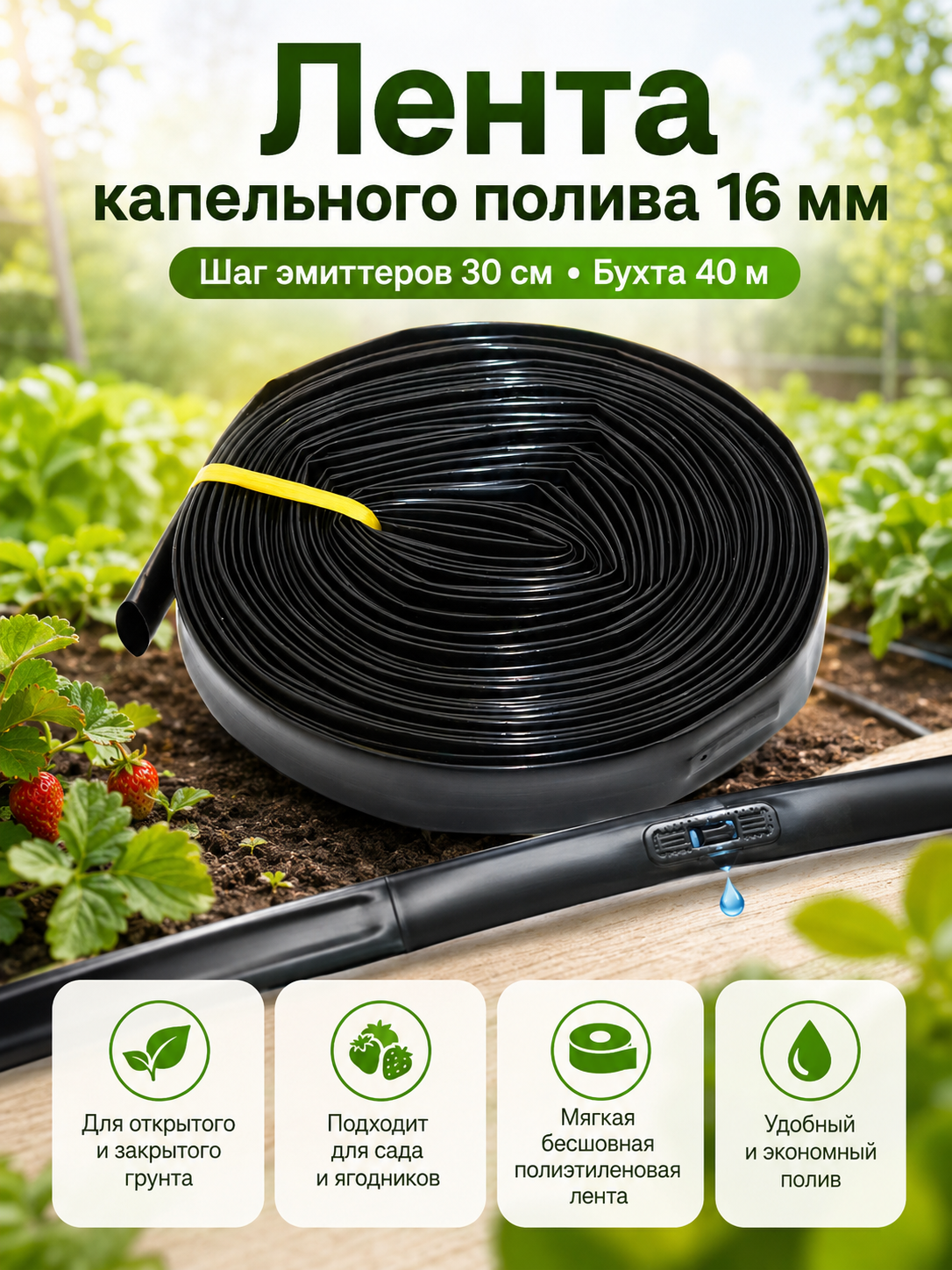 Лента капельного полива Proftandem, бухта 40 м, 2 л/час, 17 мм