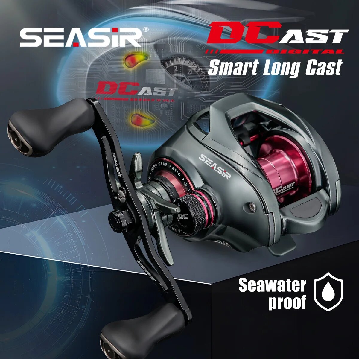 SeaSir DCAST DC катушка для рыбалки серая+светло-красная 7+1BB 7.3:1 Left Hand