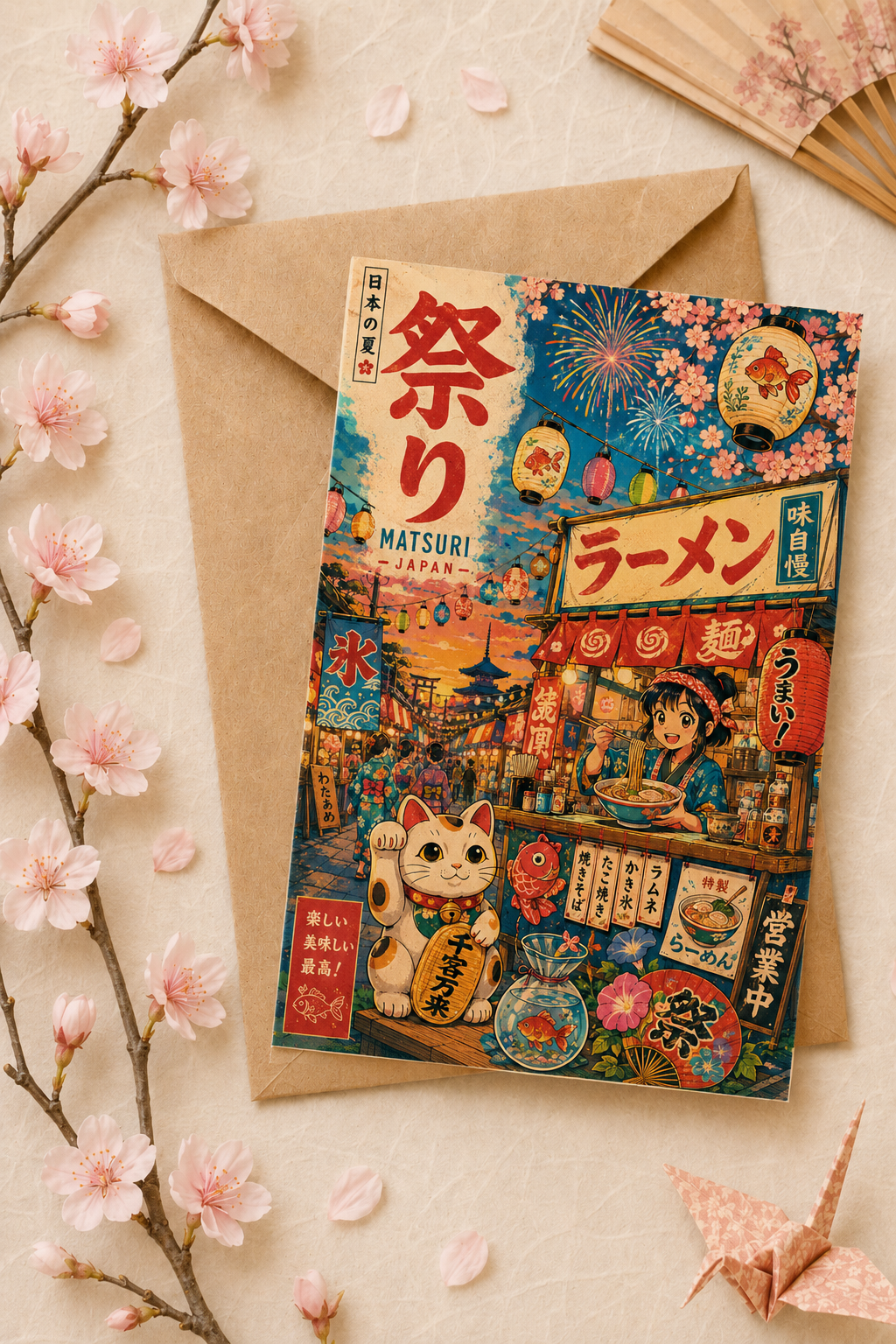 Открытка в японском стиле «Matsuri Japan», яркая открытка с фестивалем и котом 10×15 см с крафт-конвертом