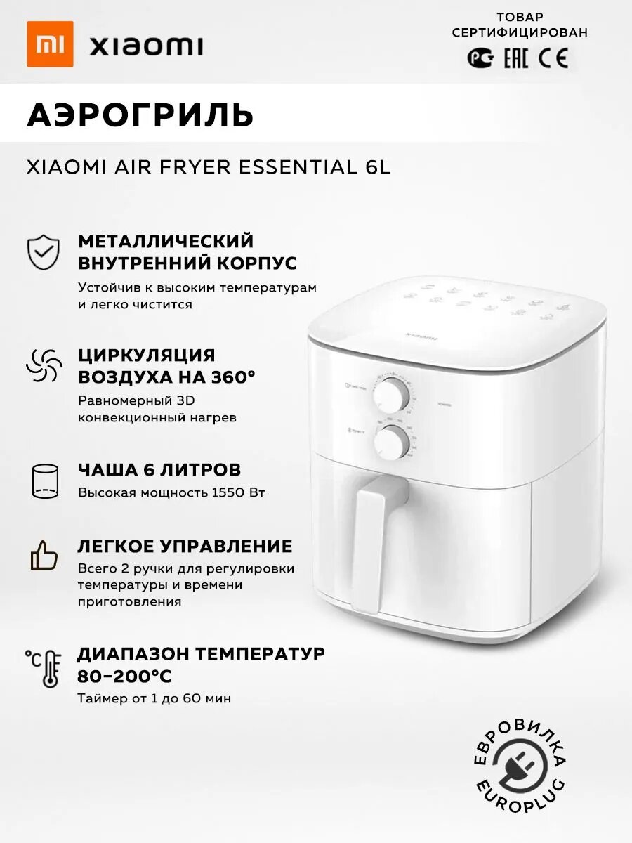 Аэрогриль Xiaomi Air Fryer Essential 6L, white (MAF13) / Белый /