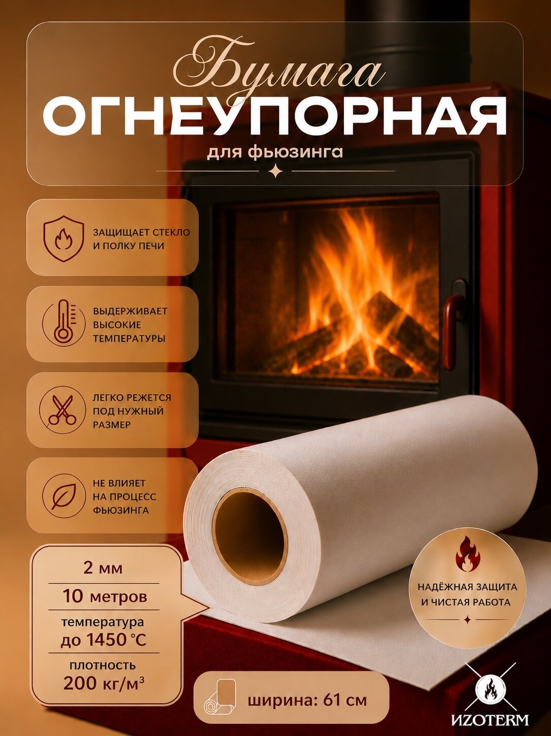 Огнеупорная керамическая бумага 2 мм, длина 10 м — для теплоизоляции, фьюзинга, печей и защиты мебели