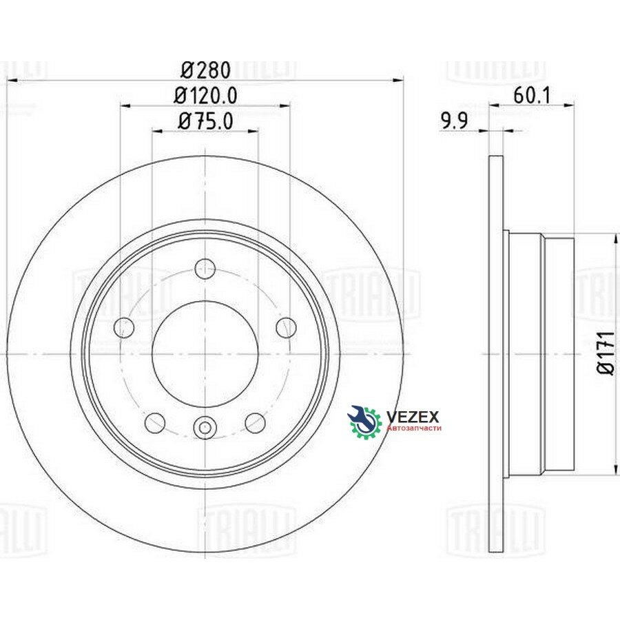 TRIALLI DF 270058 Диск торм. для а/м BMW 3 (E36) (90-)/3 (E46) (98-) зад. d=280 (DF 270058)