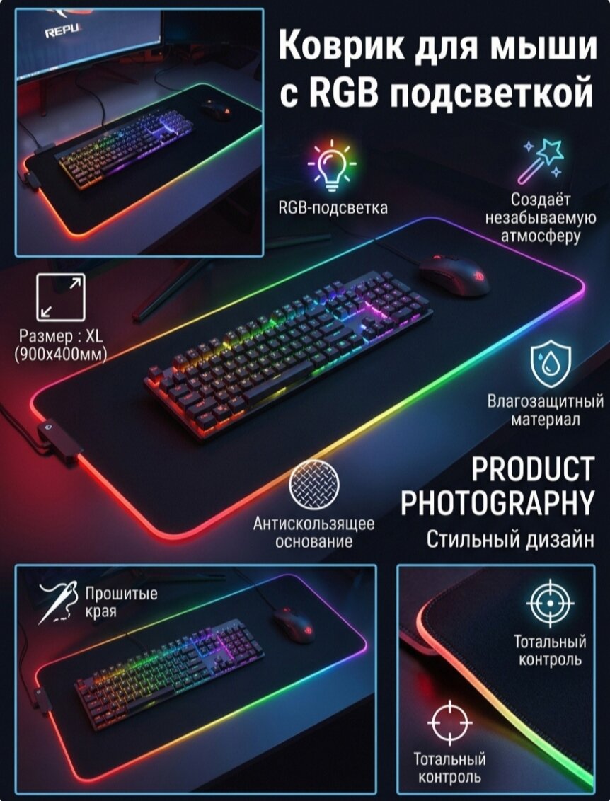 Коврик для мыши с RGB‑подсветкой Создайте уникальную атмосферу — фото 1
