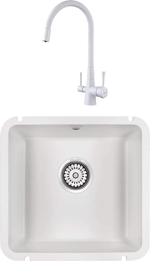 Комплект Мойка Paulmark Unter 50 PM204543-WH 45x43, белая, кварц / Смеситель Lemark Comfort LM3075W с гибким изливом, белый, с гибким изливом, белый
