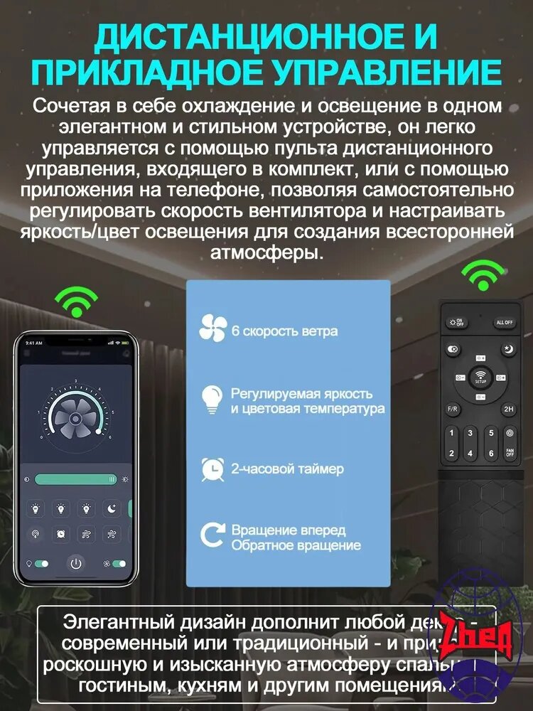 Люстра-вентилятор 2в1, 72 Вт, 6 скоростей, регулировка яркости, 25 м², Пульт ДУ, Белый — фото 1