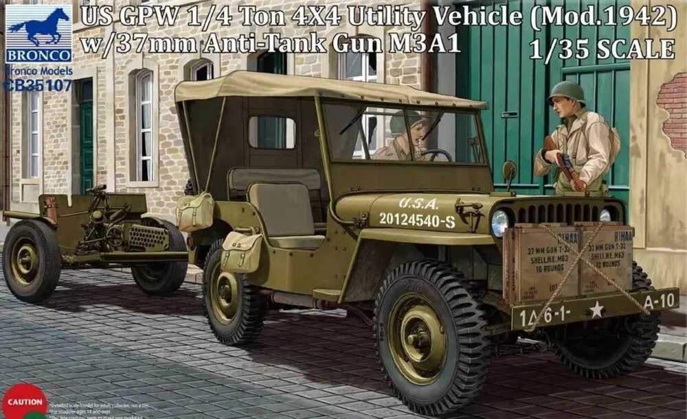 Bronco 1/35 35107 GPW 1/4 Ton 4x4 Utility Грузовик w/ M3A1 37mm Gun сборная модель