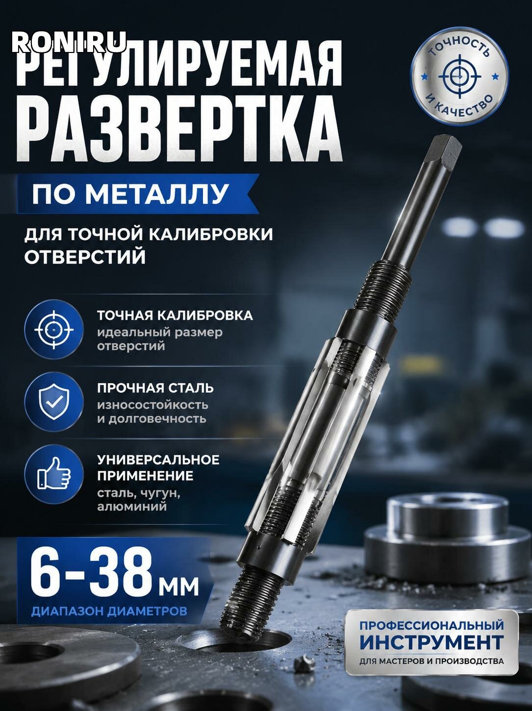 Развертка регулируемая по металлу 6-38 мм для точной калибровки отверстий — инструмент для стали, чугуна и алюминия