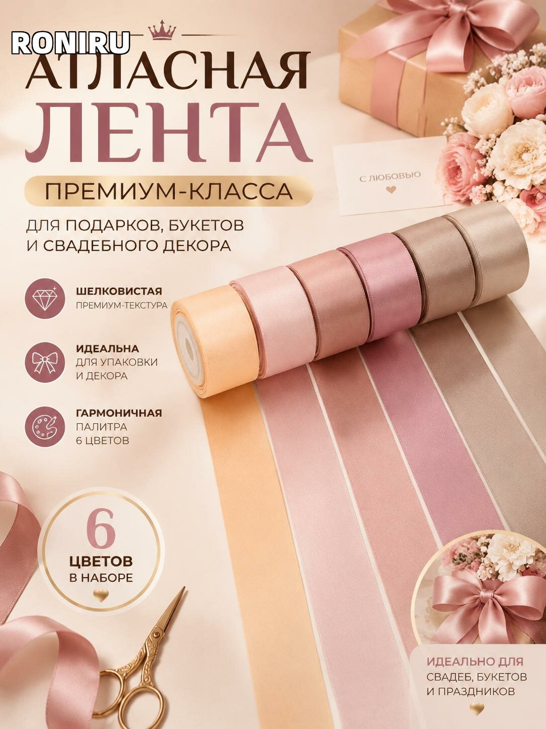 Атласная лента премиум-класса для упаковки подарков и декора, шелковая лента для букетов и свадеб, набор 6 цветов