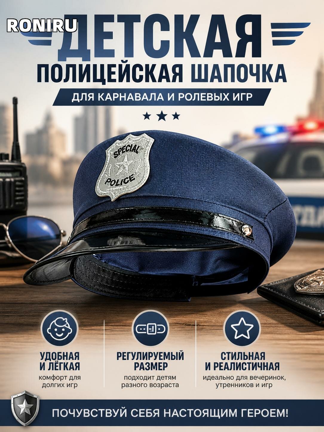 Детская полицейская шапочка для карнавала и ролевых игр — регулируемый размер, удобная, стильная для вечеринок и игр