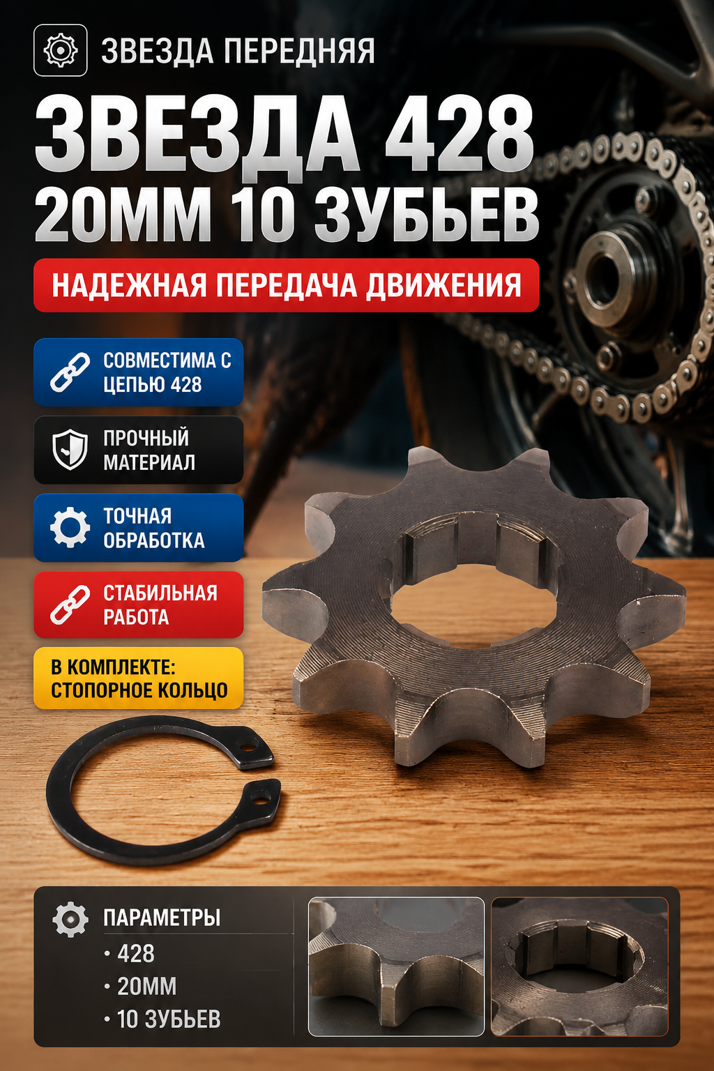 428 20мм 10T(зубьев) Шестерня Передней Звездочки/Звезда Ведущая