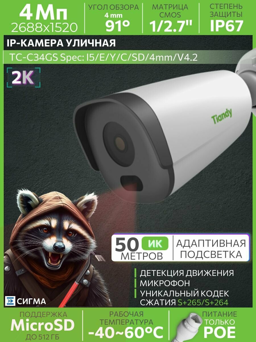 IP-камера видеонаблюдения Tiandy TC-C34GS(I5/E/Y/C/SD/4mm/V4.2) 4Мп ИК до 50м CMOS PoE MicroSD до 512Гб микрофон