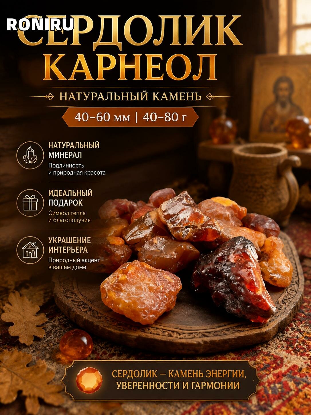 Сердолик, карнеол натуральный камень 40–60 мм 40–80 г для коллекции и интерьера, декоративный акцент и символический подарок
