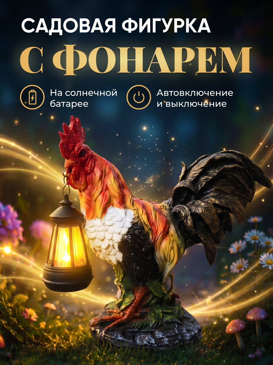Фигурка садовая PositiveNew Петух с фонарём, высота 33 см, полистоун, для дачи, сада и огорода