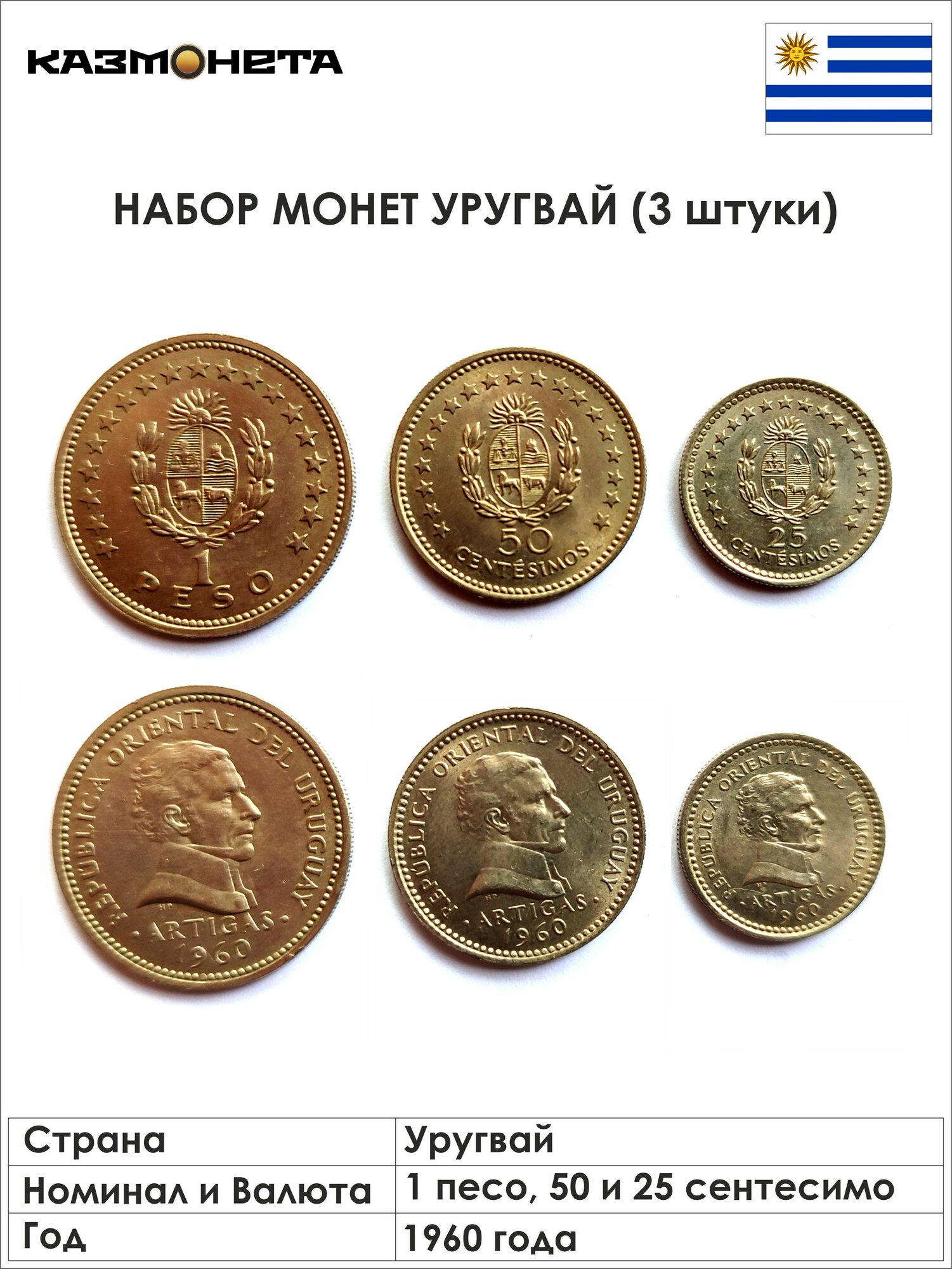 Набор монет Уругвай (южная америка) 1 песо 50 и 25 сентесимо 1960 года
