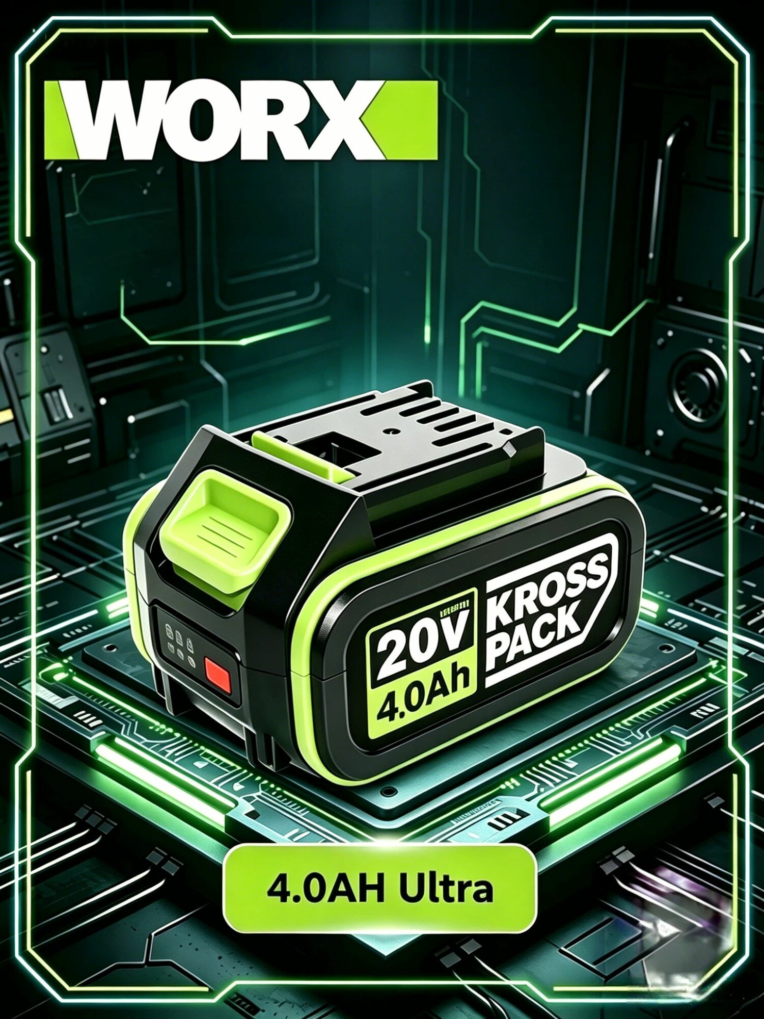 Аккумулятор WORX Ultra, 20 В, с цельными контактами. Быстрая зарядка, защита и долгая работа