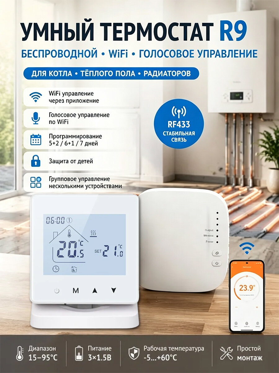 Умный термостат R9 c WiFi и радиоканалом RF433Mhz для водяного, газового котла