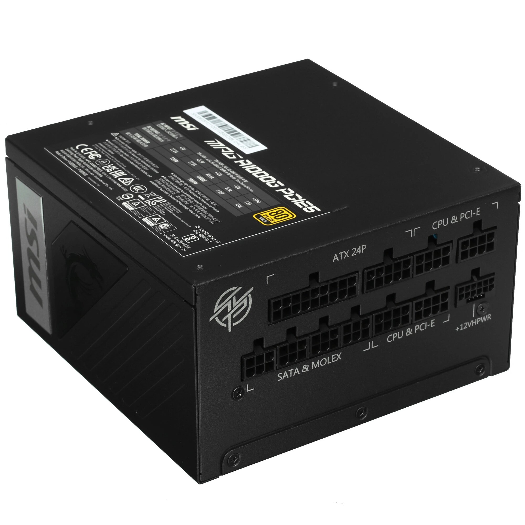 Блок питания MSI MPG A1000G PCIE5 306-7ZP7C11-CE0, 1000 Вт, 80 Plus Gold, 1 вентилятор, ATX12V 3.1, черный