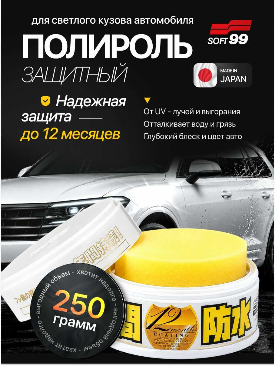 Полироль для автомобиля Fusso 12 Months 200г, защитный воск для кузова, для светлых авто