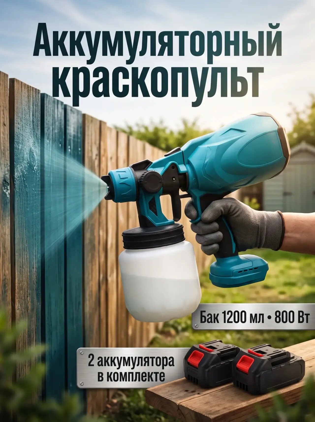 Краскопульт аккумуляторный электрический, 3 режима работы, мощность 800 Вт, 2 аккумулятора