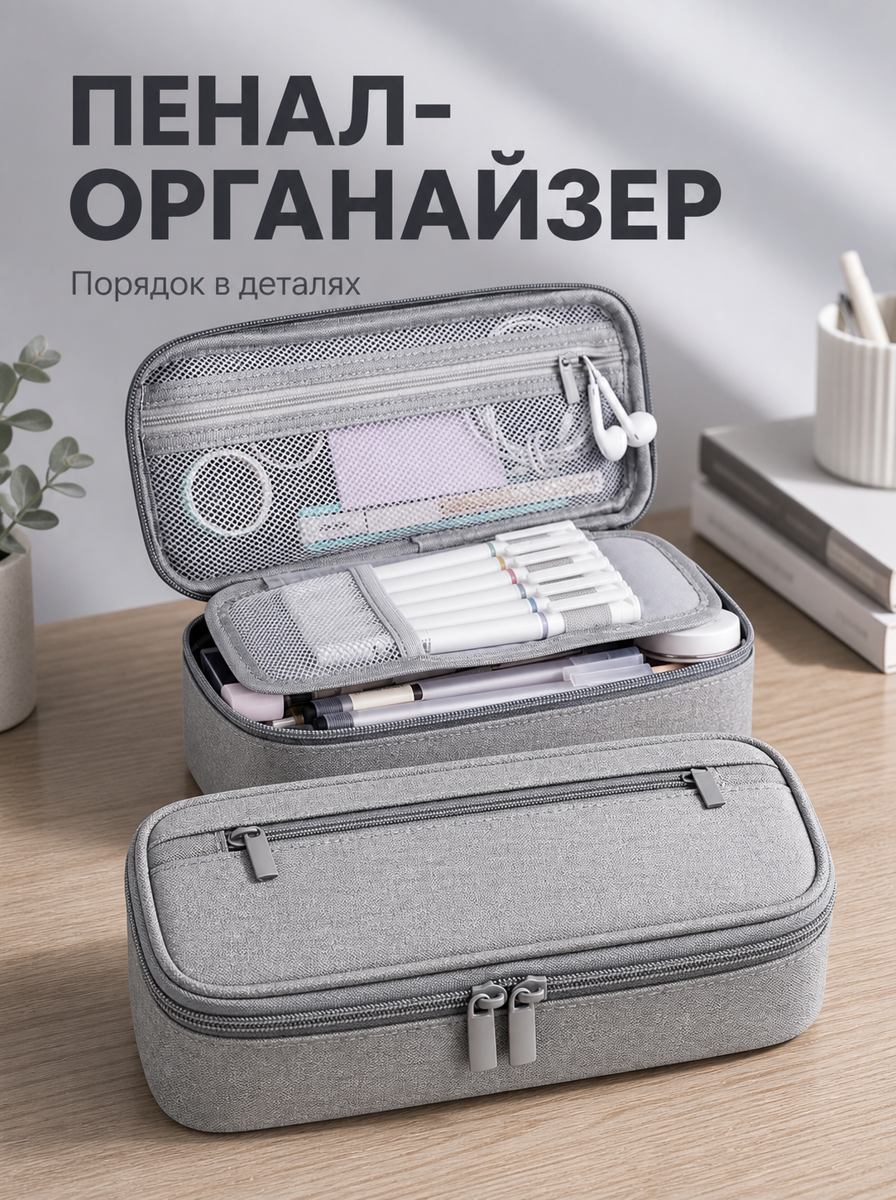 Пенал школьный из ткани оксфорд, серый — многофункциональный органайзер с карманами, 23х6.5х11 см