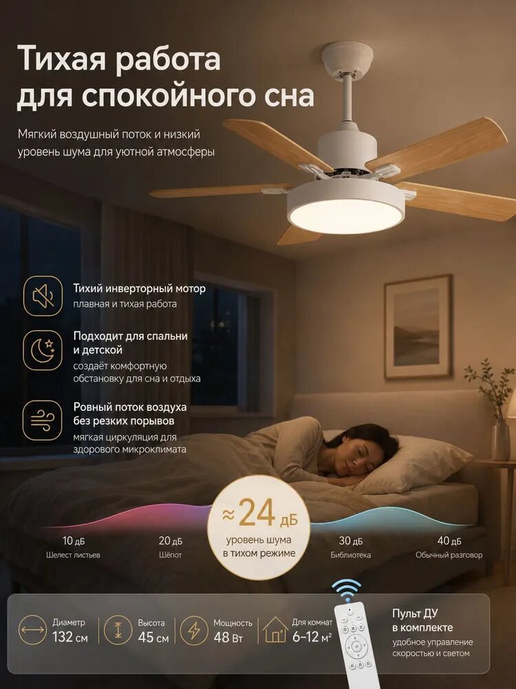 Люстра-вентилятор потолочный с LED-подсветкой 52", 48 Вт, диаметр 132 см, белый — фото 1