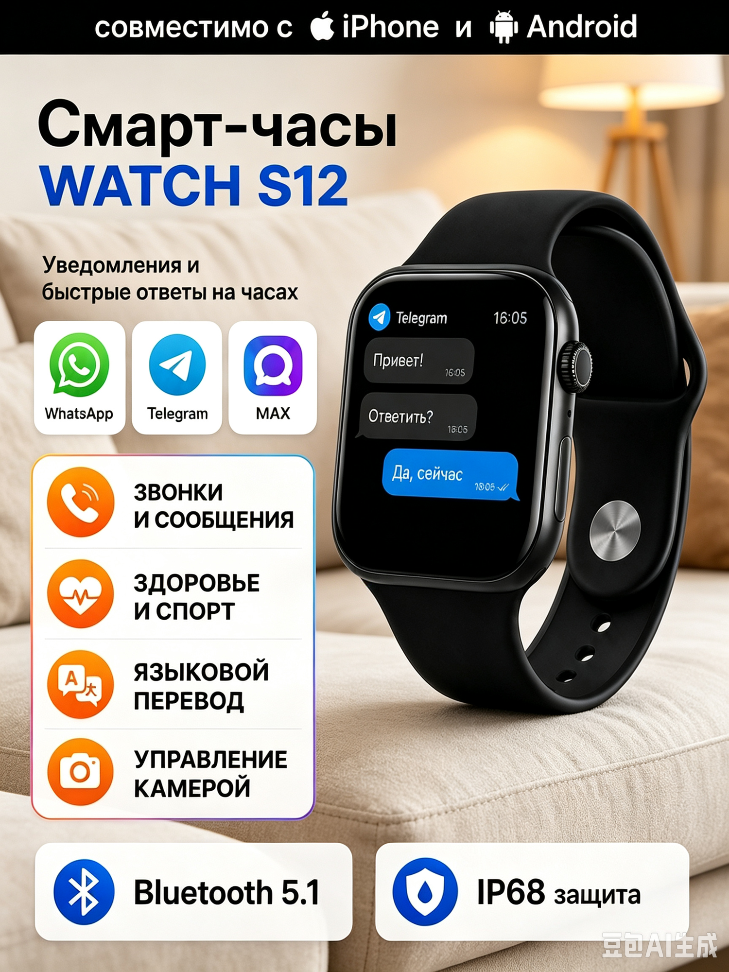 Умные часы WATCH S12 ответ на сообщения (WhatsApp/Telegram/MAX), беспроводная зарядка смарт-часы