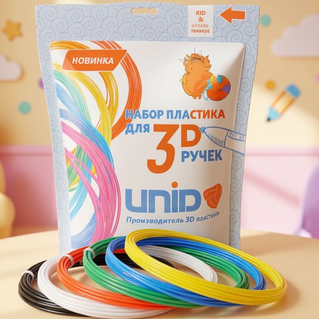 Набор 3D пластика UNID KID 6, 6 цветов, по 5м каждый, мягкий и гибкий, без запаха