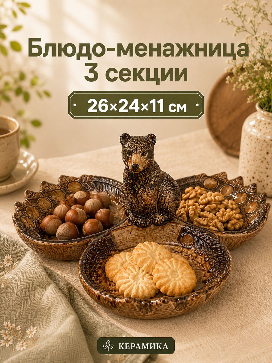 Блюдо, менажница 3 секции 26х24,5х11,5 см Elan Gallery Медведи цельная, керамика