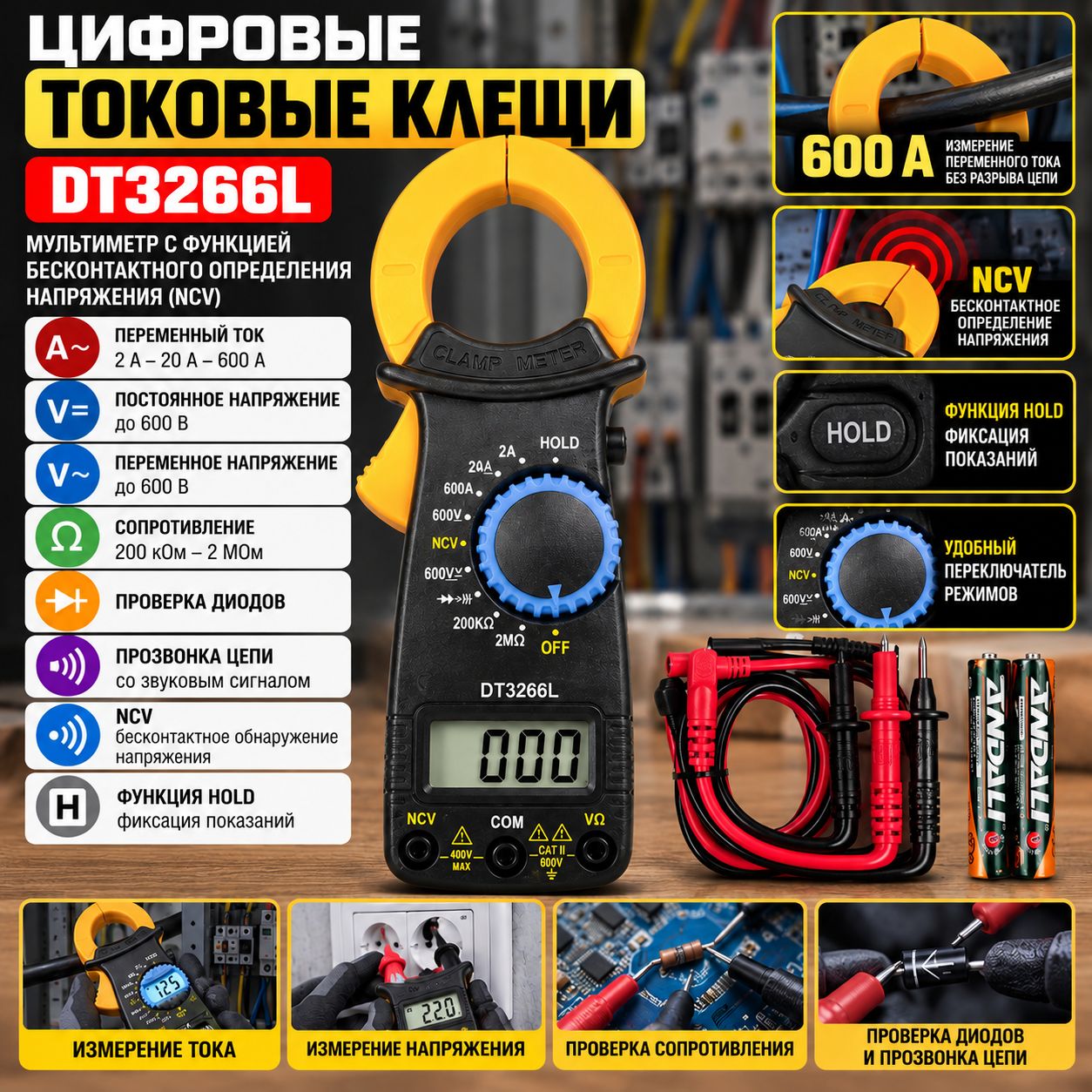 Токовые клещи цифровые DT3266L, мультиметр до 600 А, NCV, прозвонка, подсветка дисплея