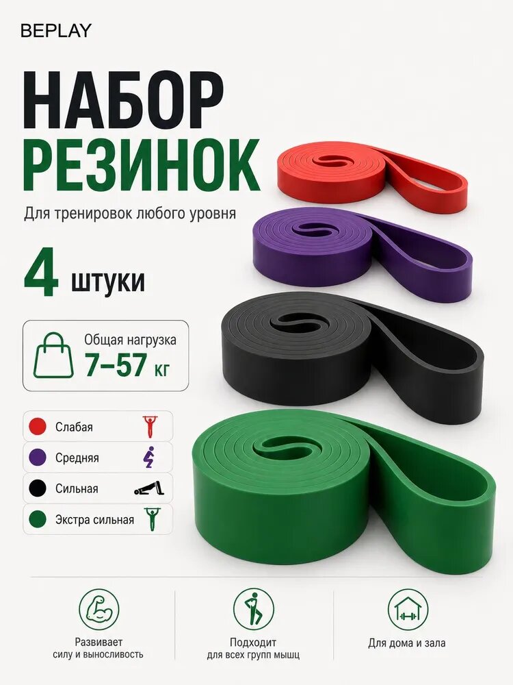 Набор резинок для фитнеса, 4 штуки, 7-57 кг
