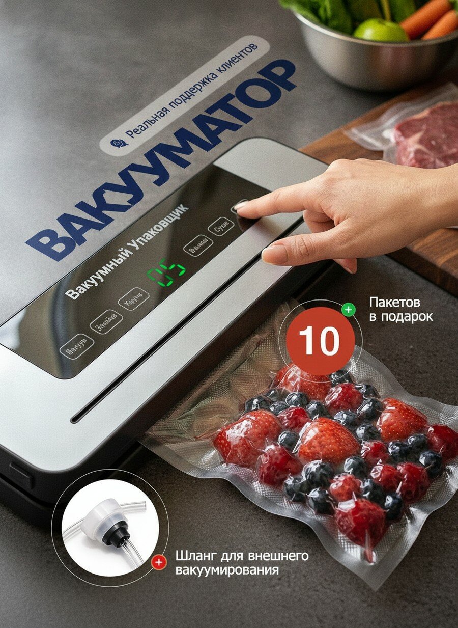 Вакууматор для продуктов с резаком, встроенным ножом и трубкой для внешней вакуумации, режимы сухих и влажных