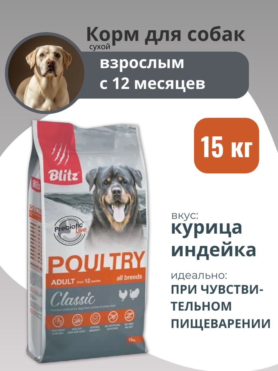 BLITZ сухой корм Classic , для взрослых собак всех пород с домашней птицей 15 кг