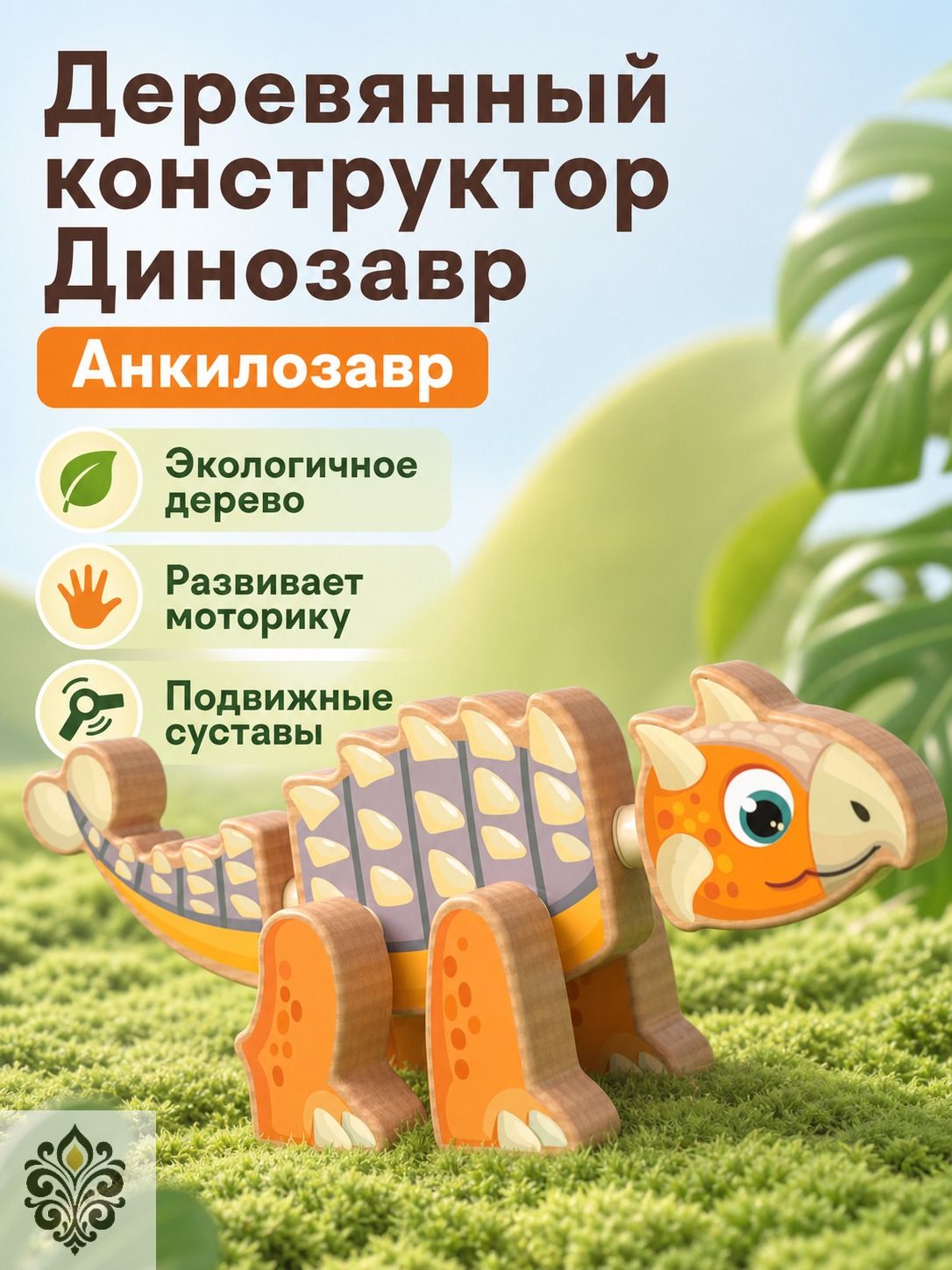 Деревянный конструктор динозавр анкилозавр развивающая игрушка для детей 4-6 лет сборная модель
