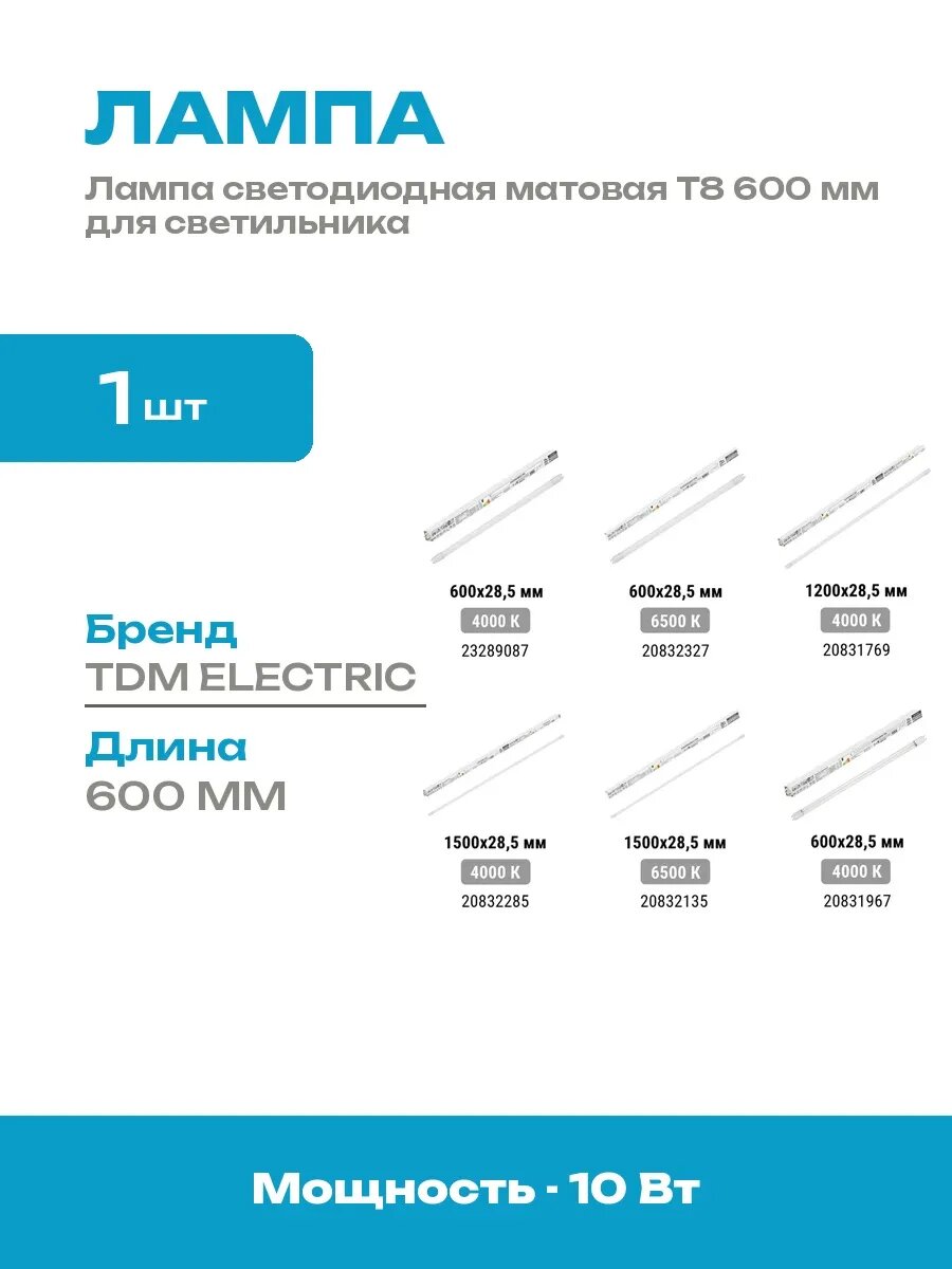Светодиодная лампа T8 10 Вт 600 мм для потолка матовая