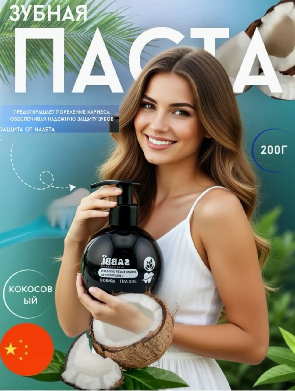 Зубная паста с дозатором со вкусом кокос SABBI, для ежедневного ухода за чувствительными зубами и полостью рта