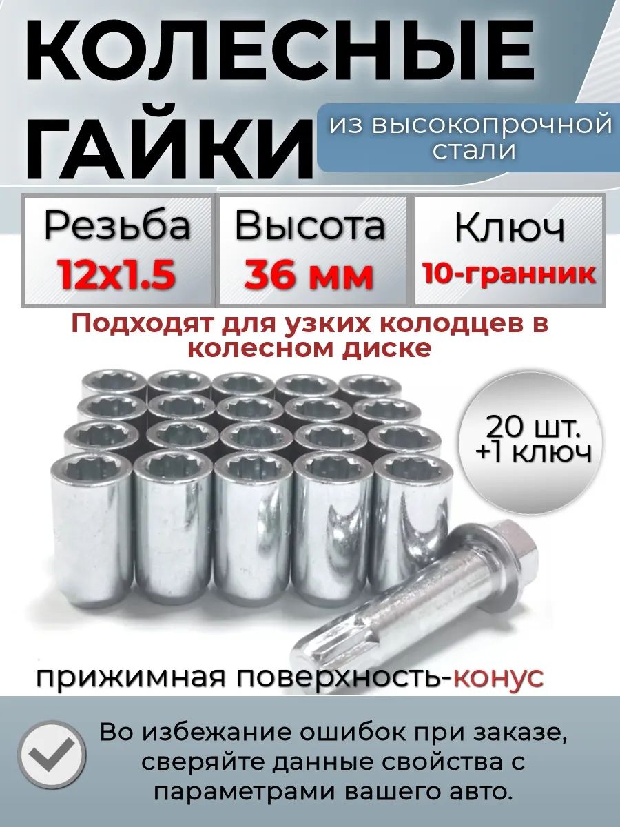 Гайки колесные м12х1.5 для узких колодцев в диске