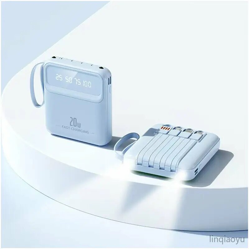 Внешний аккумулятор лавандовый (мини, mini), Power Bank, повербанк на 20000 mah для телефона со встроенными кабелями Usb