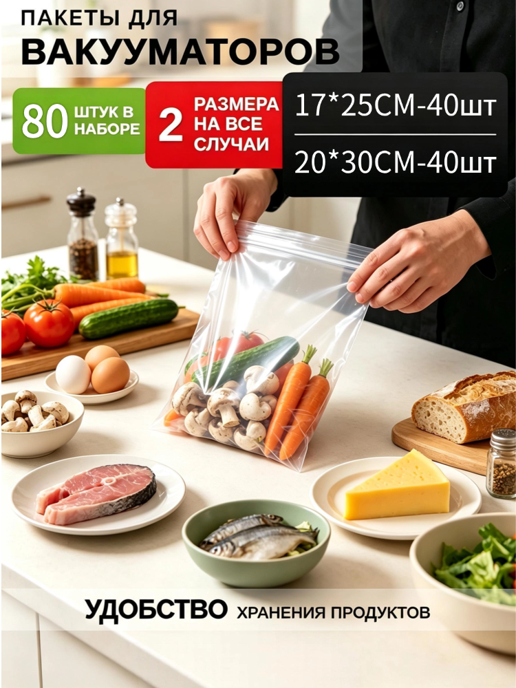 Пакеты для вакууматора набор 80 шт, 2 размера 17×25 и 20×30 см, для хранения продуктов