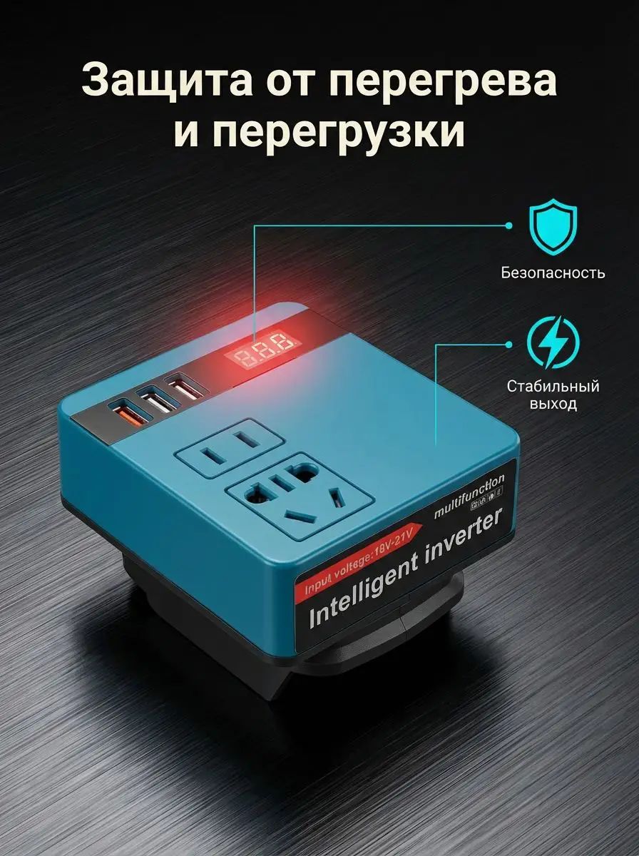 Инвертор для литиевых аккумуляторов Makita, преобразователь DC12V в AC220V, портативный инвертор для инструментов и outdoor работ с выходом 5V/12V/220V