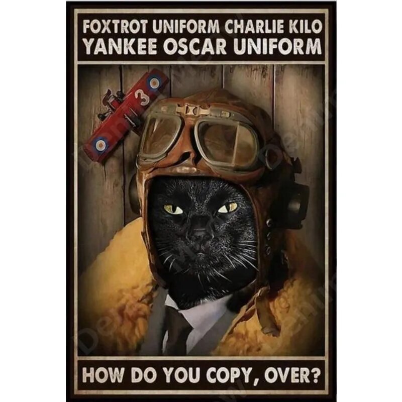 Табличка черный кот-авиатор "Foxtrot Uniform Charlie Kilo", ретро стиль, металл, декор для интерьера, 20х30 см.