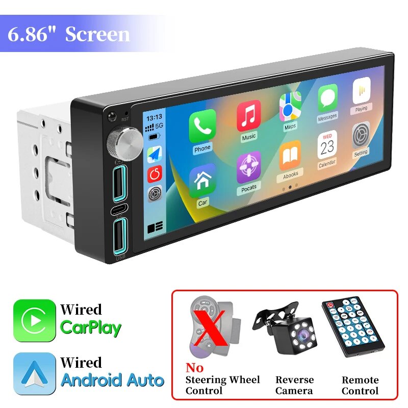 Автомобильный радиоприемник Hippcron 6,86 дюйма Bluetooth 1Din, автомобильная стереосистема, автомагнитола Carplay, Android, IPS-экран с USB-зарядкой, поддержка задней камеры, With Cam