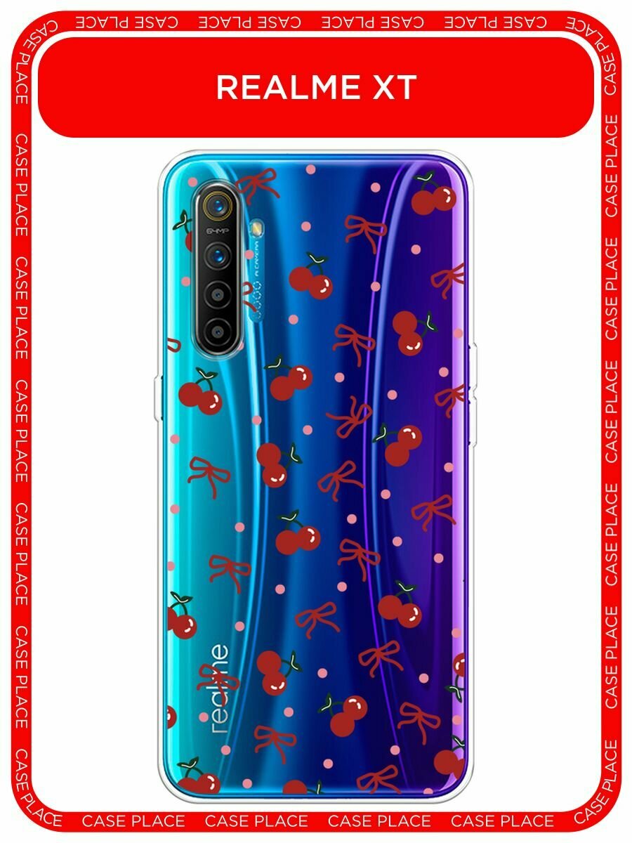 Чехол на Realme XT / Реалми XT с принтом "Вишни и ленточки", прозрачный