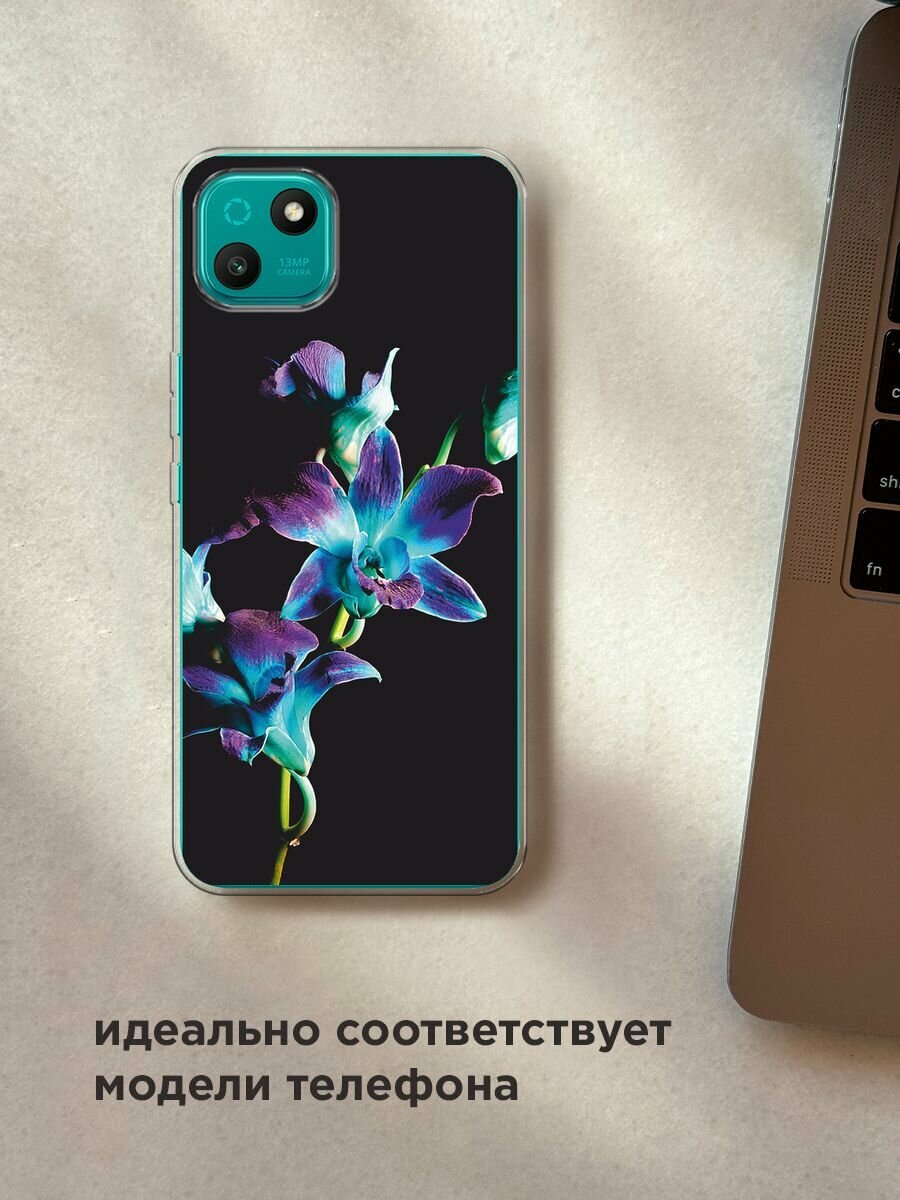 Чехол на Wiko T10 / Вико Т10 с принтом "Синий цветок на черном" — фото 1