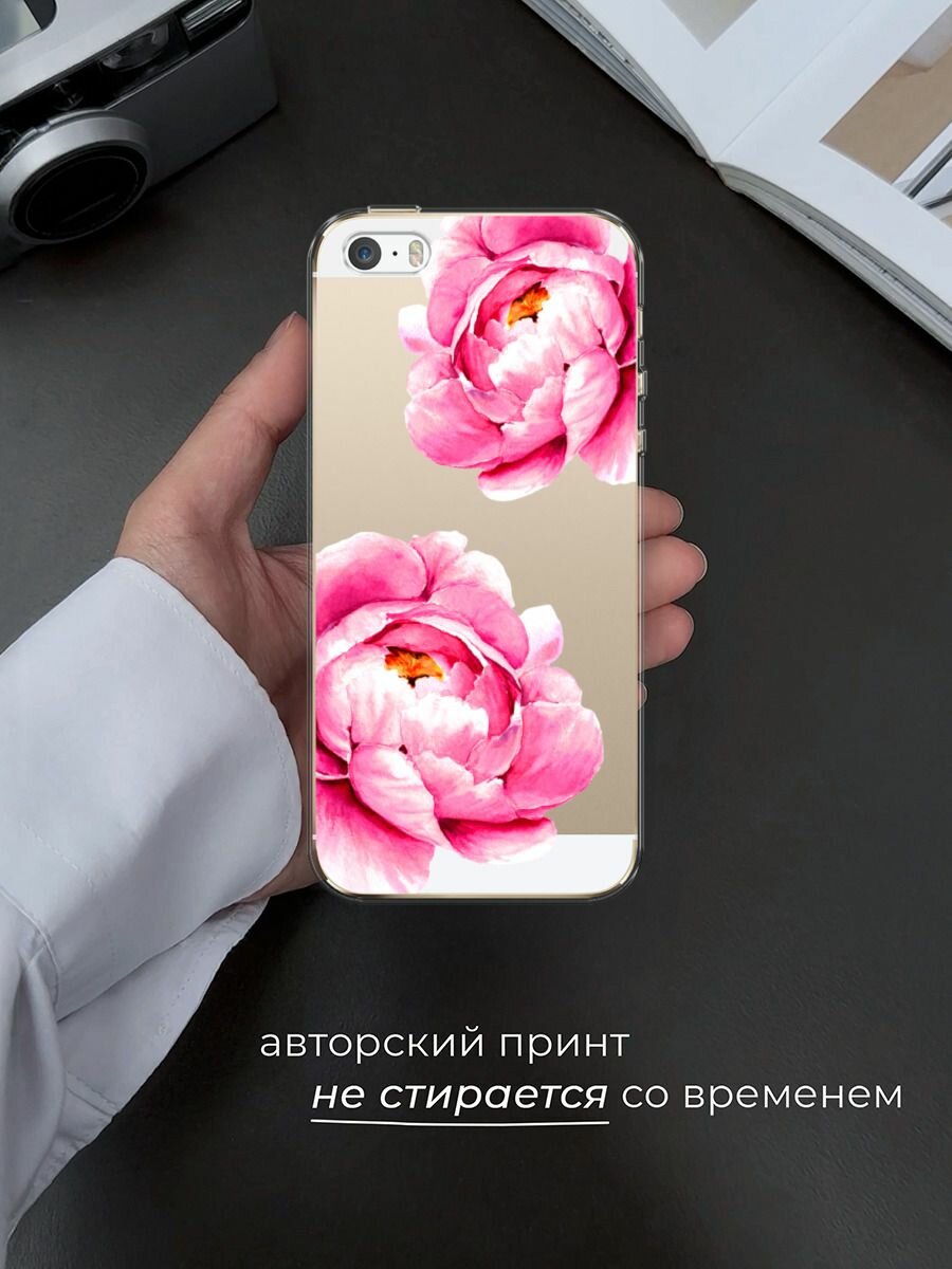 Чехол на Apple iPhone 5/5S/SE / Айфон 5/5S/SE с принтом "Open peonies", прозрачный — фото 1