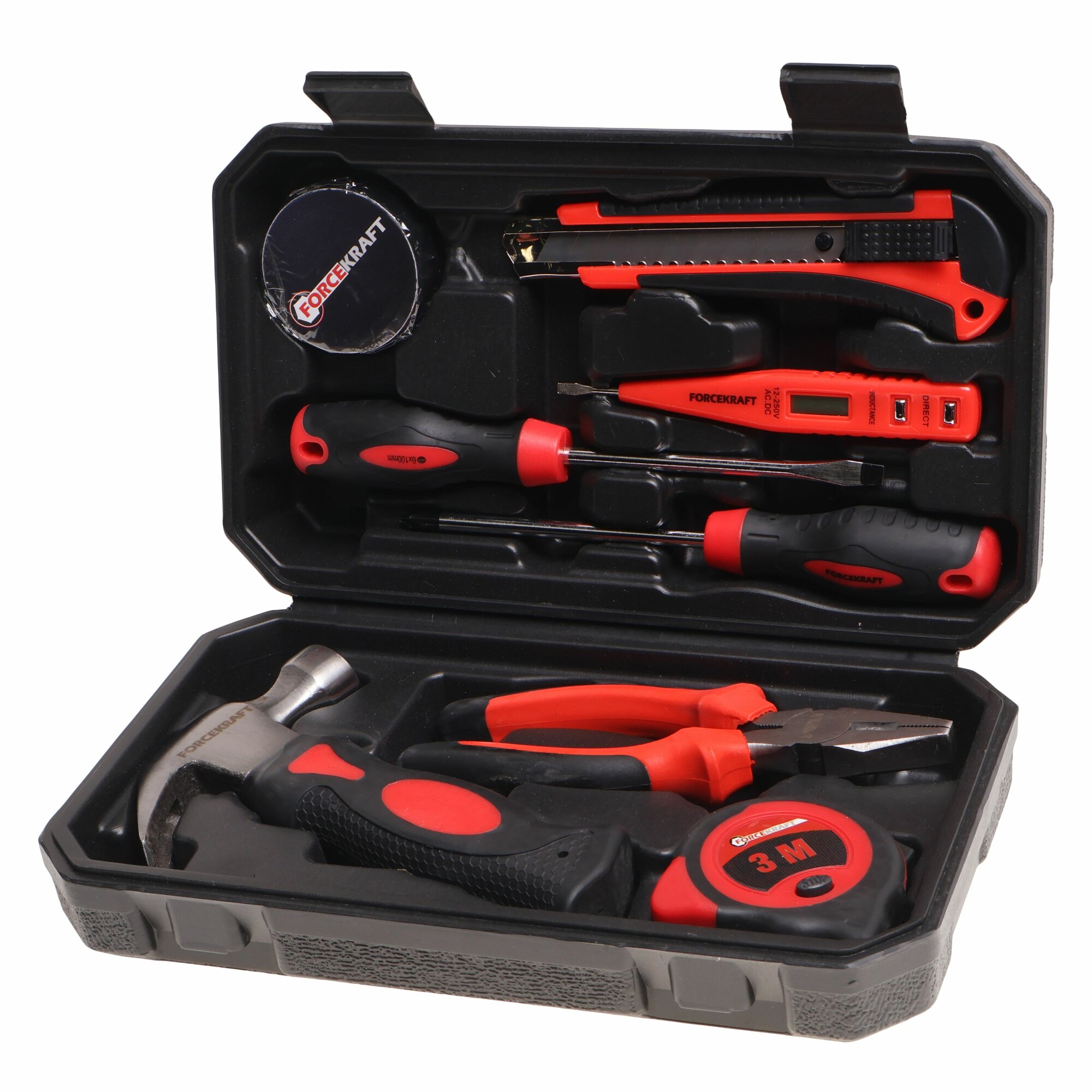 Набор инструмента FK-1009B 9пр.(отвертки: SL6мм, РН2, нож, индикатор.-я отвертка, изолента, рулетка 3м, плоскогубцы, молоток) FORCEKRAFT