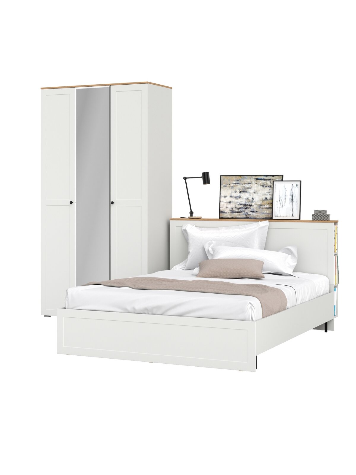 Шкаф для одежды с зеркалом Остин с кроватью Остин с ортопедическим основанием, белый шагрень/дуб крафт