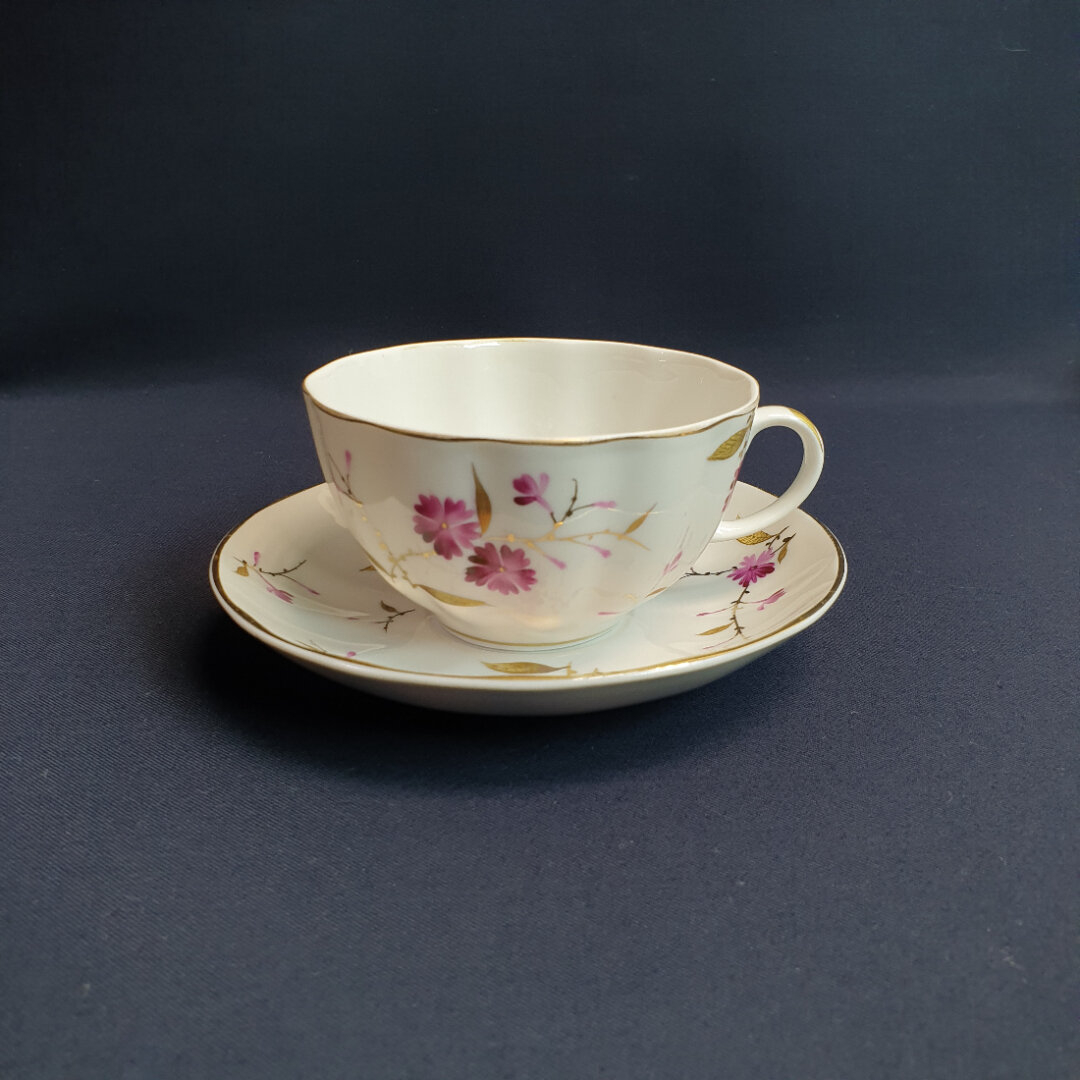 Чайная пара ЛФЗ, фарфор деколь позолота 260 мл, пересорт клейм, винтаж СССР