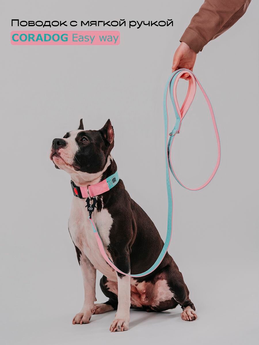 Поводок CORADOG Easy way c мягкой ручкой и карабином самозахватом Frog , длина 2 м, для средних пород собак цвет мятный, розовый